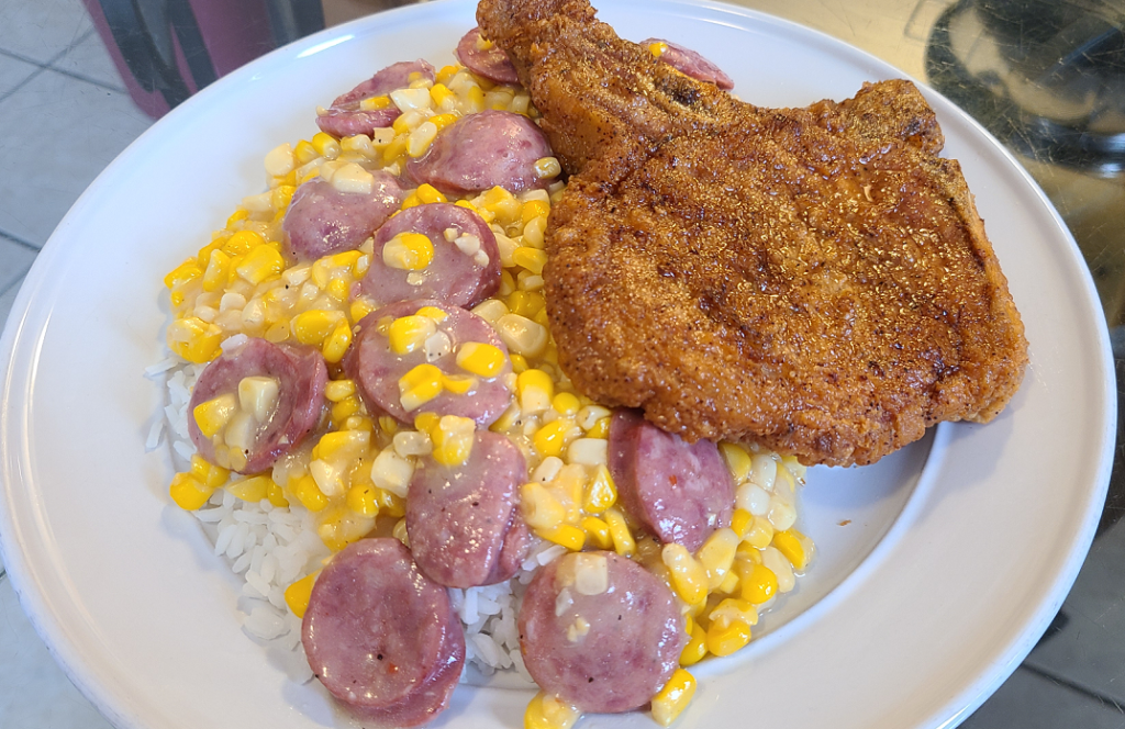 Corn & rice with Fried Pork chops - charliethecookandrews
