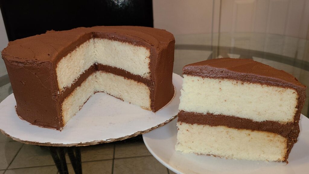 White cake with Chocolate Fudge frosting – charliethecookandrews